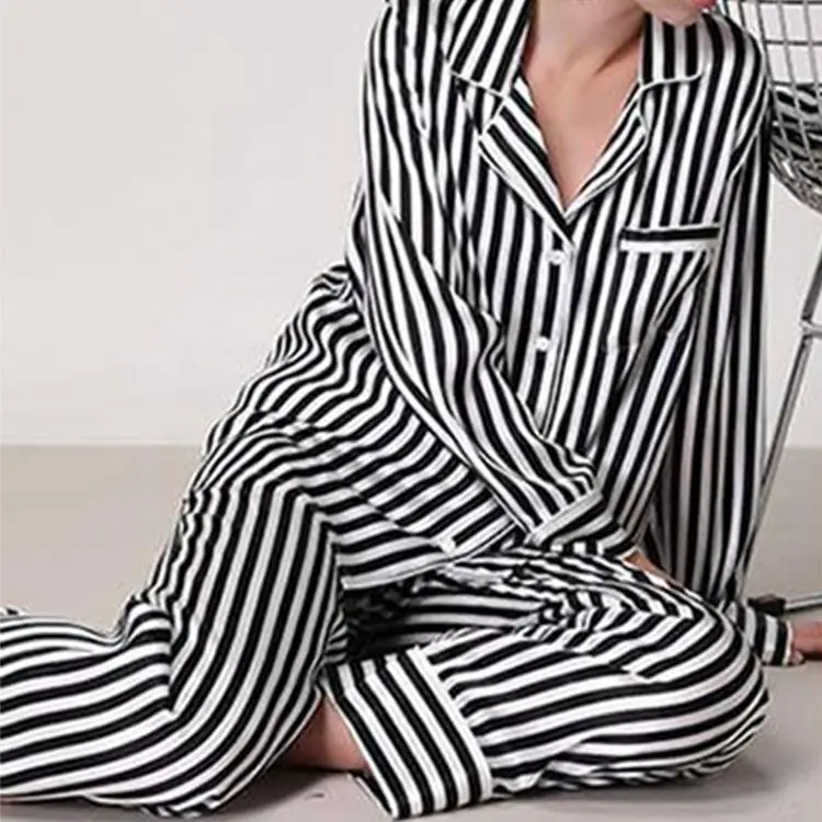 Custom Long Sleeve Stripe Silk Sleepwear Stripe Silk Pjs Women's ...