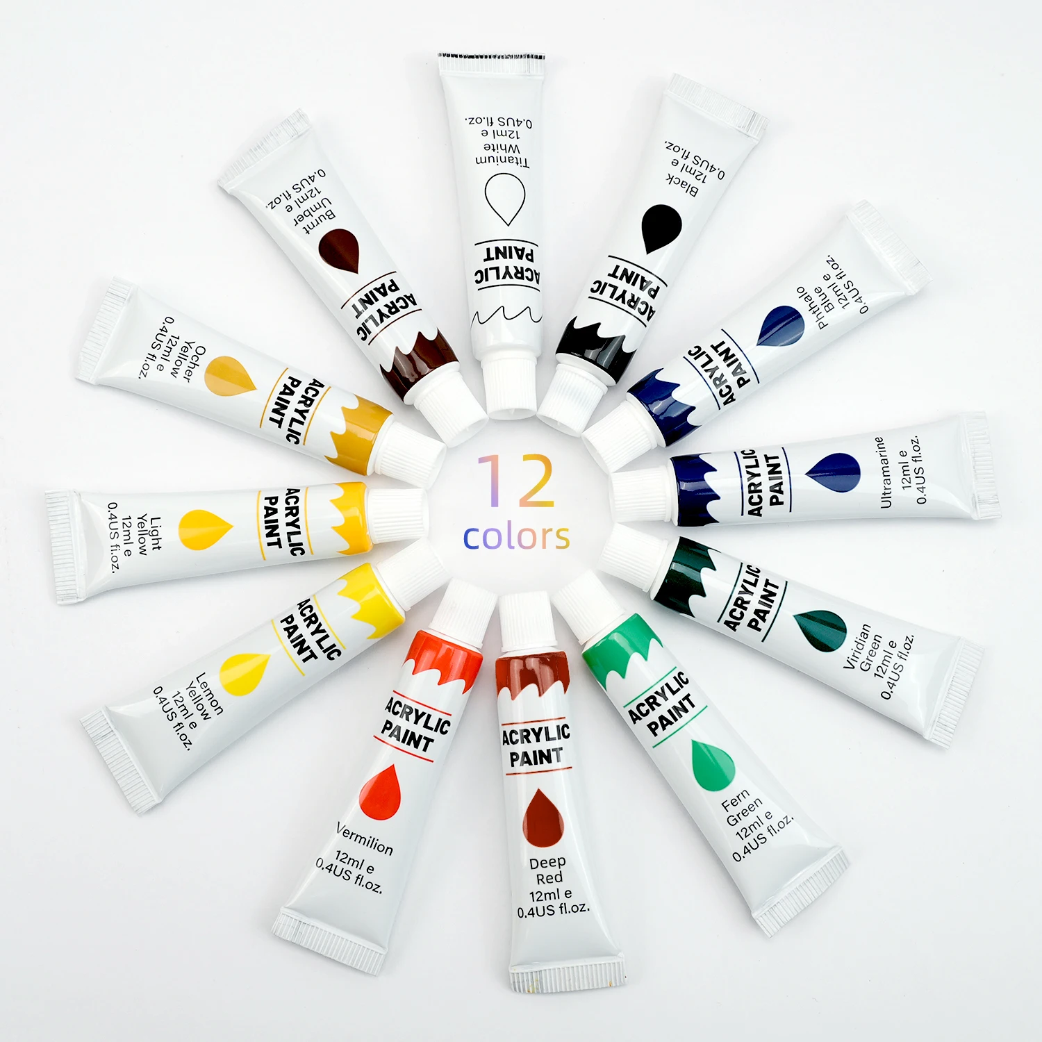 New Set 12 Colours 12ml Acrylic Paint Set,Perfect For Canvas,Wood ...