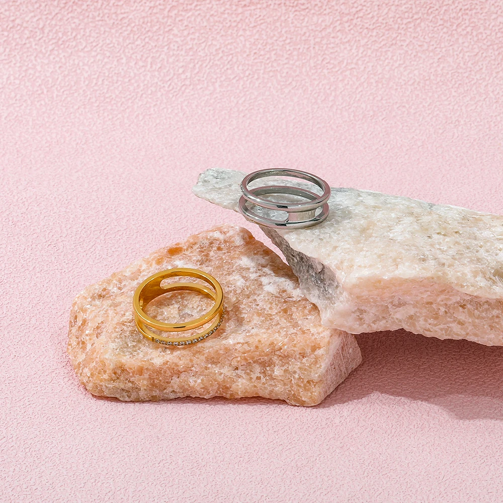 High End 18K PVD Gold Plated Double Layer Dainty Zirconia Couple Rings ...