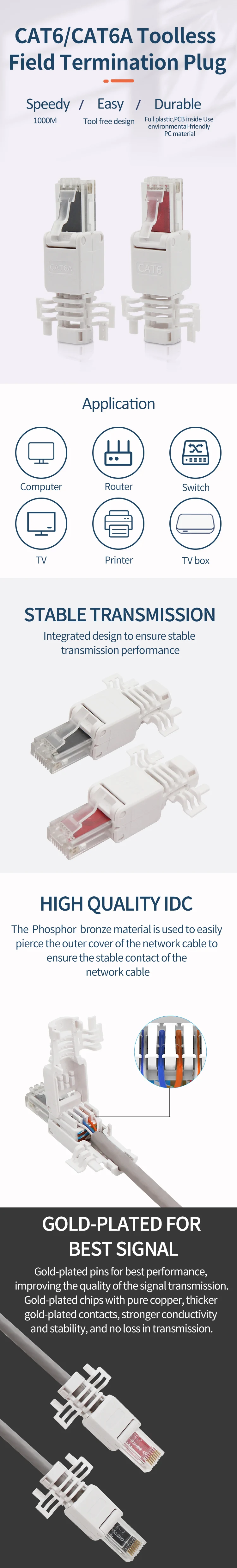 Toolless Rj45 Connector 8p8c Cat6/cat6a Utp Unshielded Field Termination Plug With Fixed Ring ...