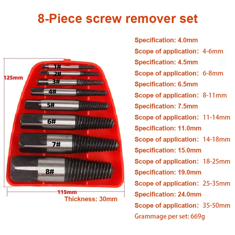 8 Piece Damaged Screw Extractor Broken Stud Remover Bolt Extractor Set ...