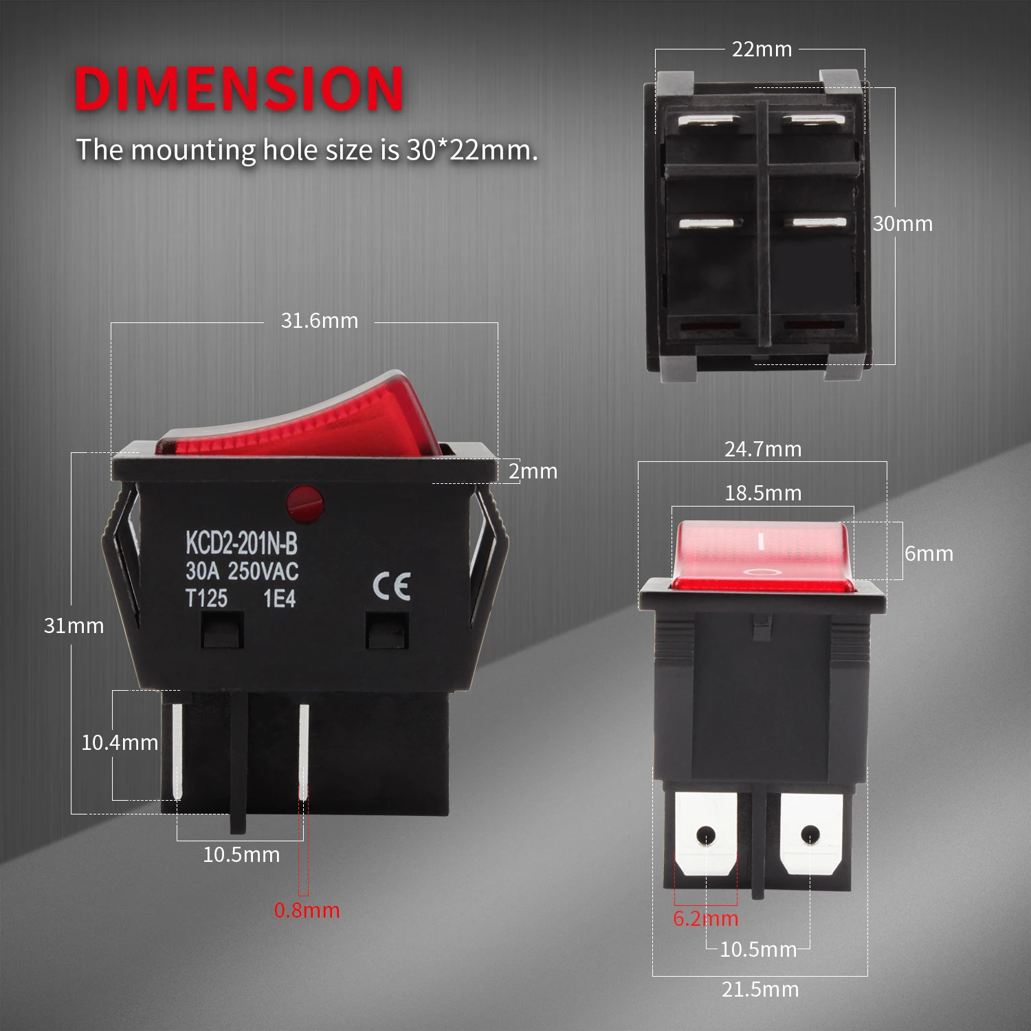 30A 250V Heavy Duty Rocker Switch - DPST Illuminated