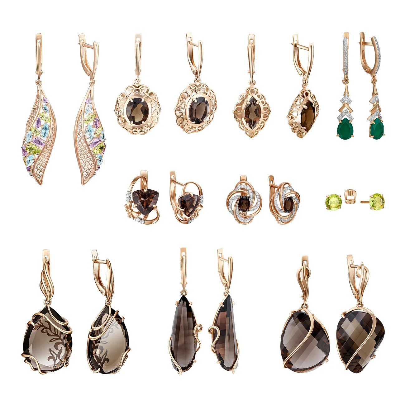 Elegant Earrings 14k Solid Rose Yellow Gold Topaz Amethyst Chrysolite ...