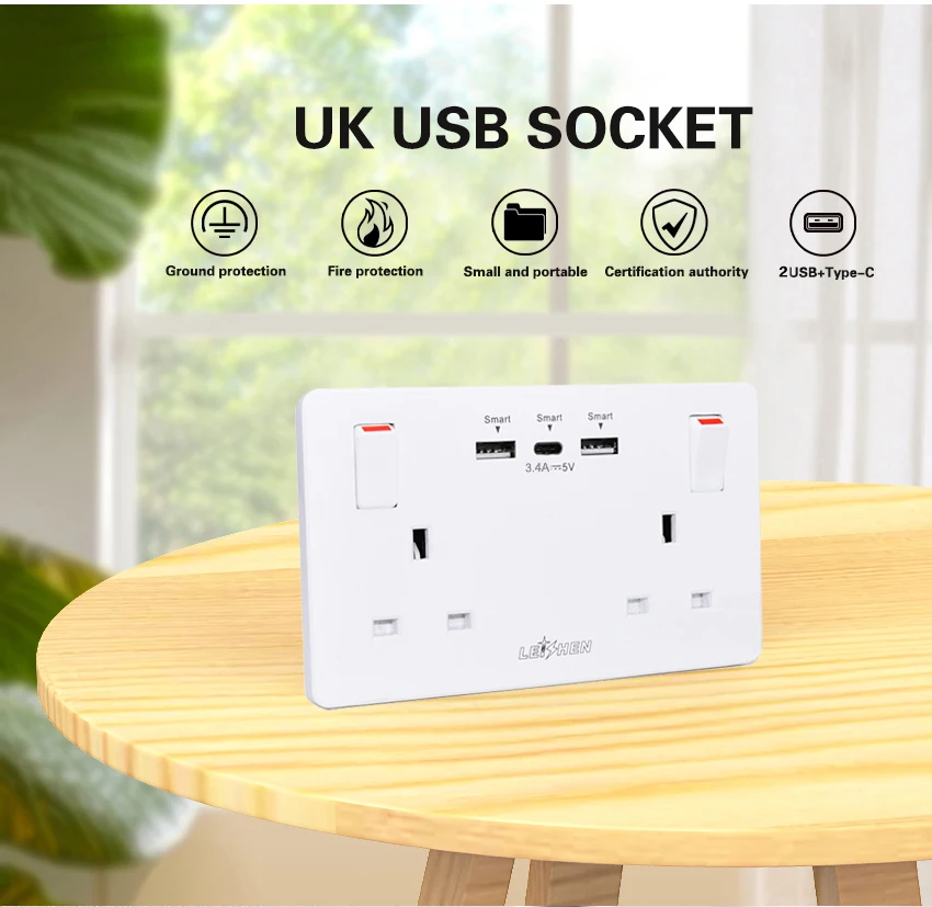 13A Multi-Outlet Wall Switch Socket with USB Charger