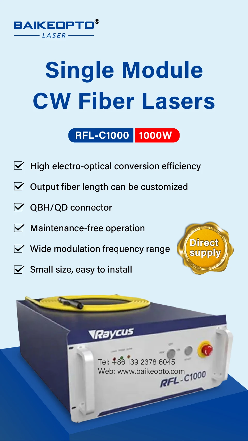 1000W Single Module CW Fiber Laser Source for 200V Fiber Laser Cutting ...