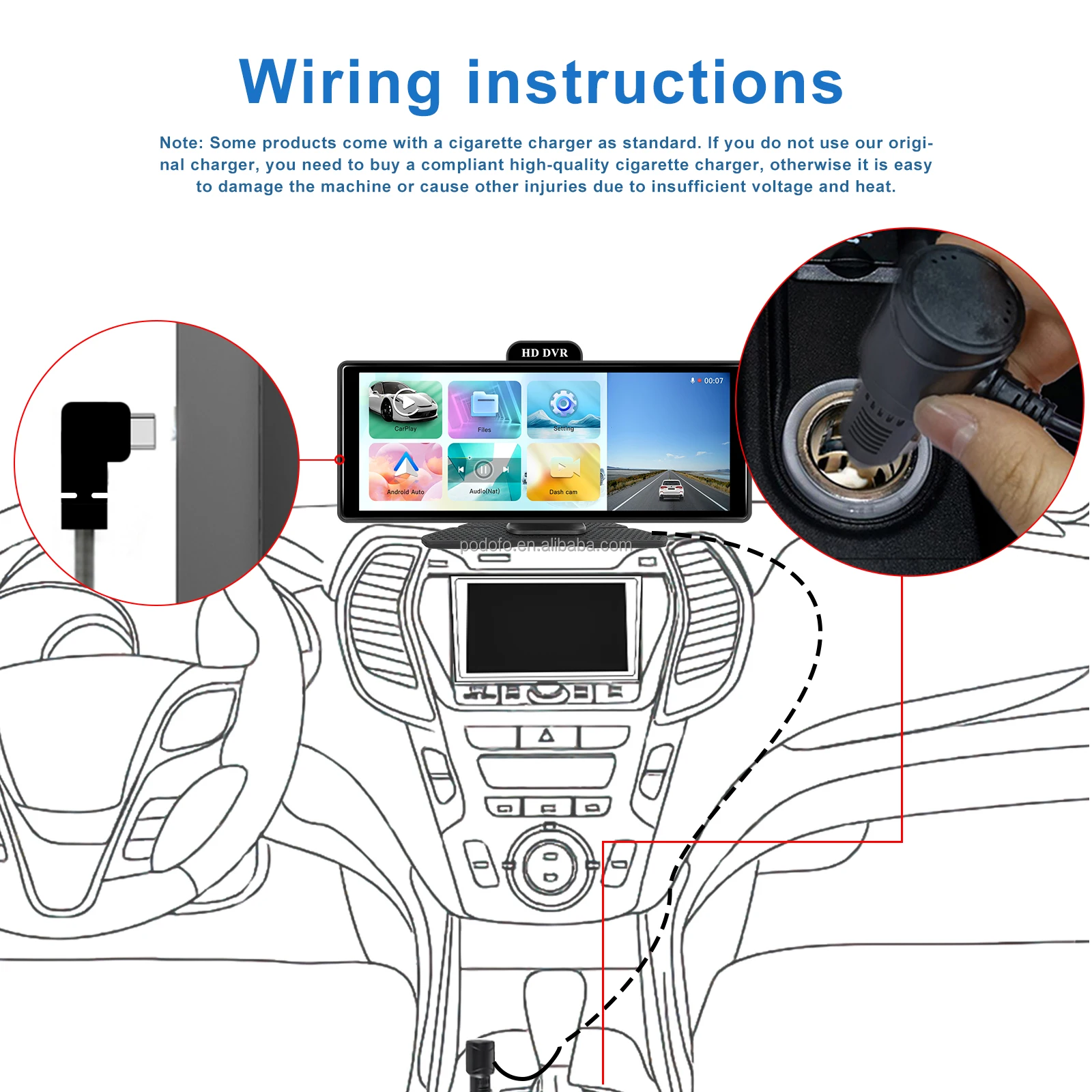 Podofo 10.26'' Portable Carplay with ADAS Dashcam - Smart & Safe
