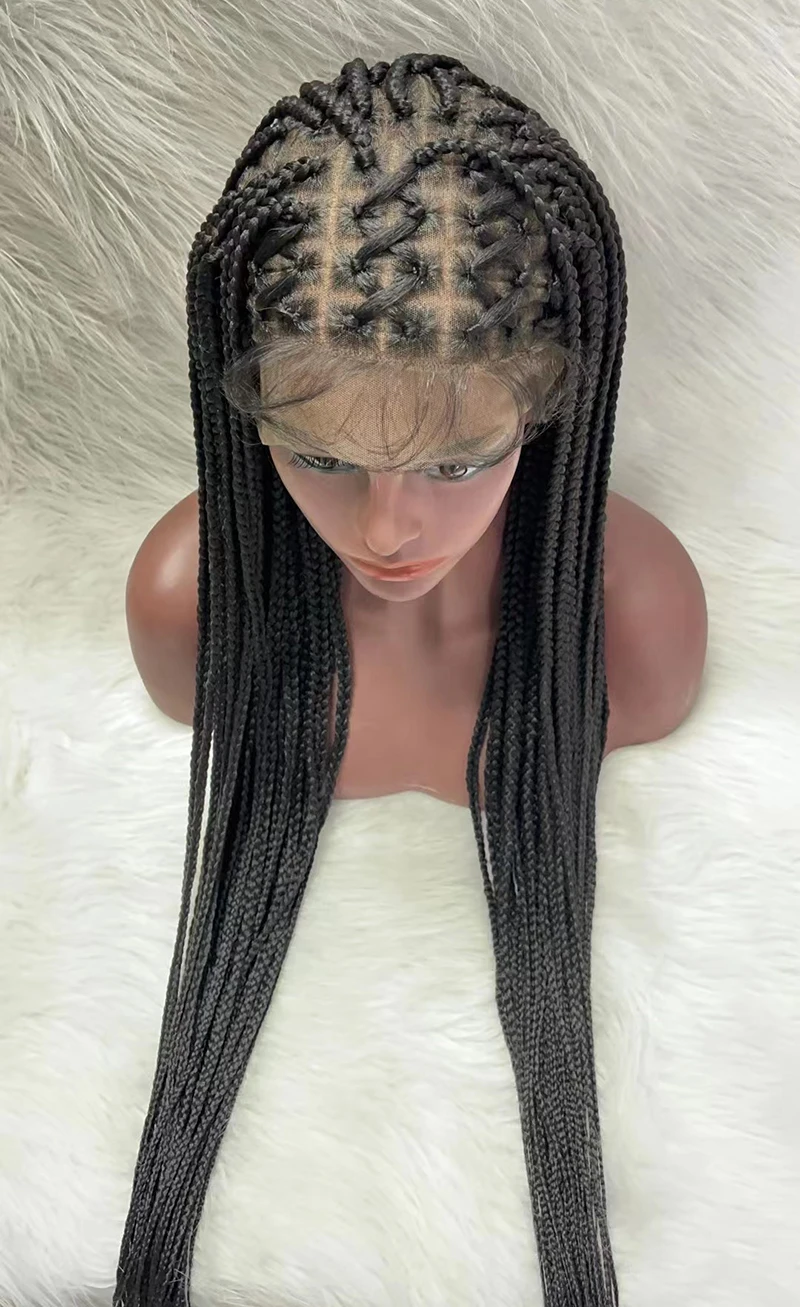 Full Lace Front Knotless Box Braided Wigs Handmade Cornrow Synthetic ...