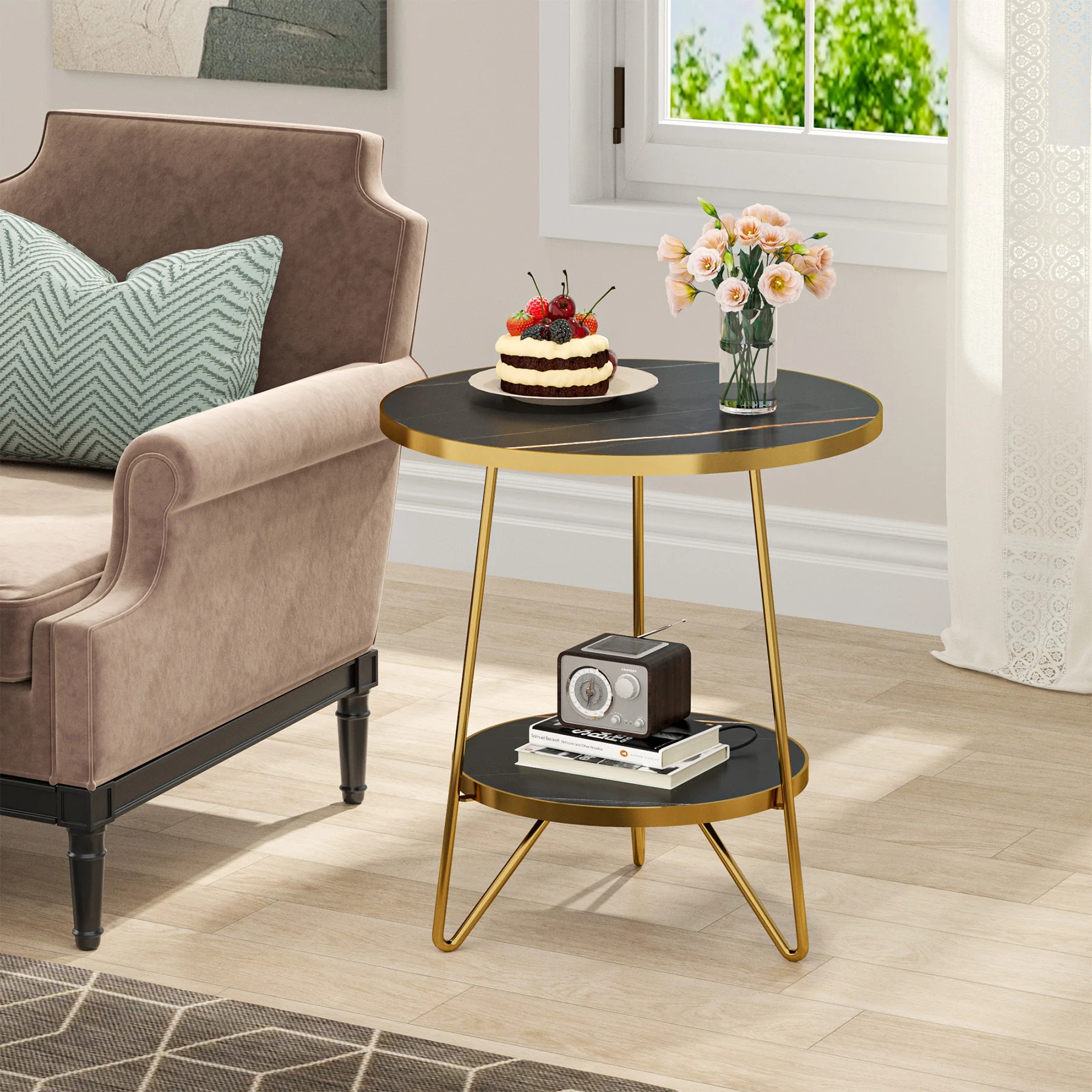 Tribesigns Modern Accent 2 Tier Faux Marble Black Gold Coffee Table ...