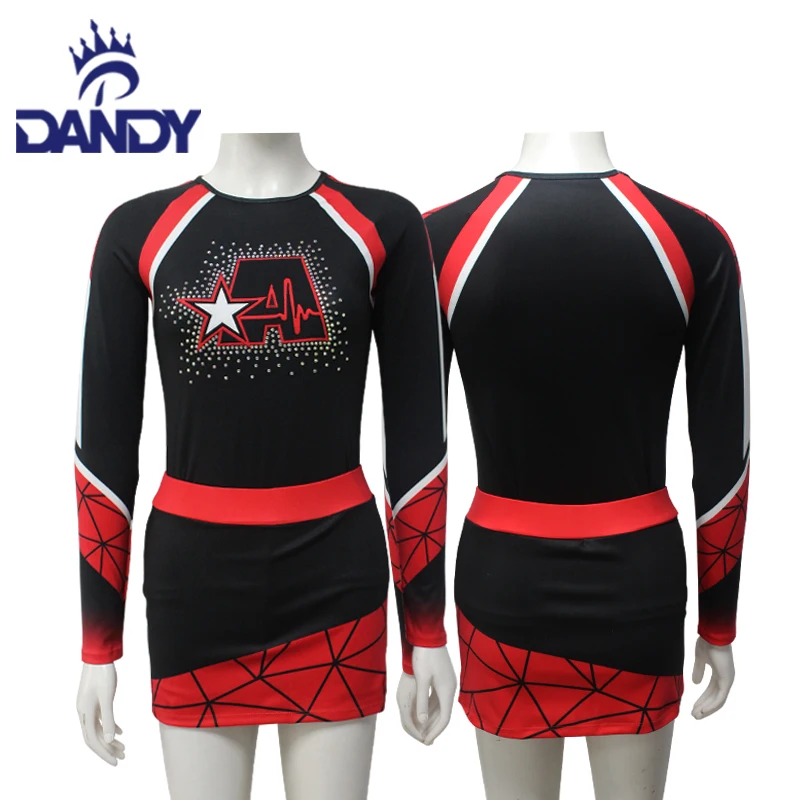 All Star Black Gold Cheer Uniforms Sublimation College Girls Long ...