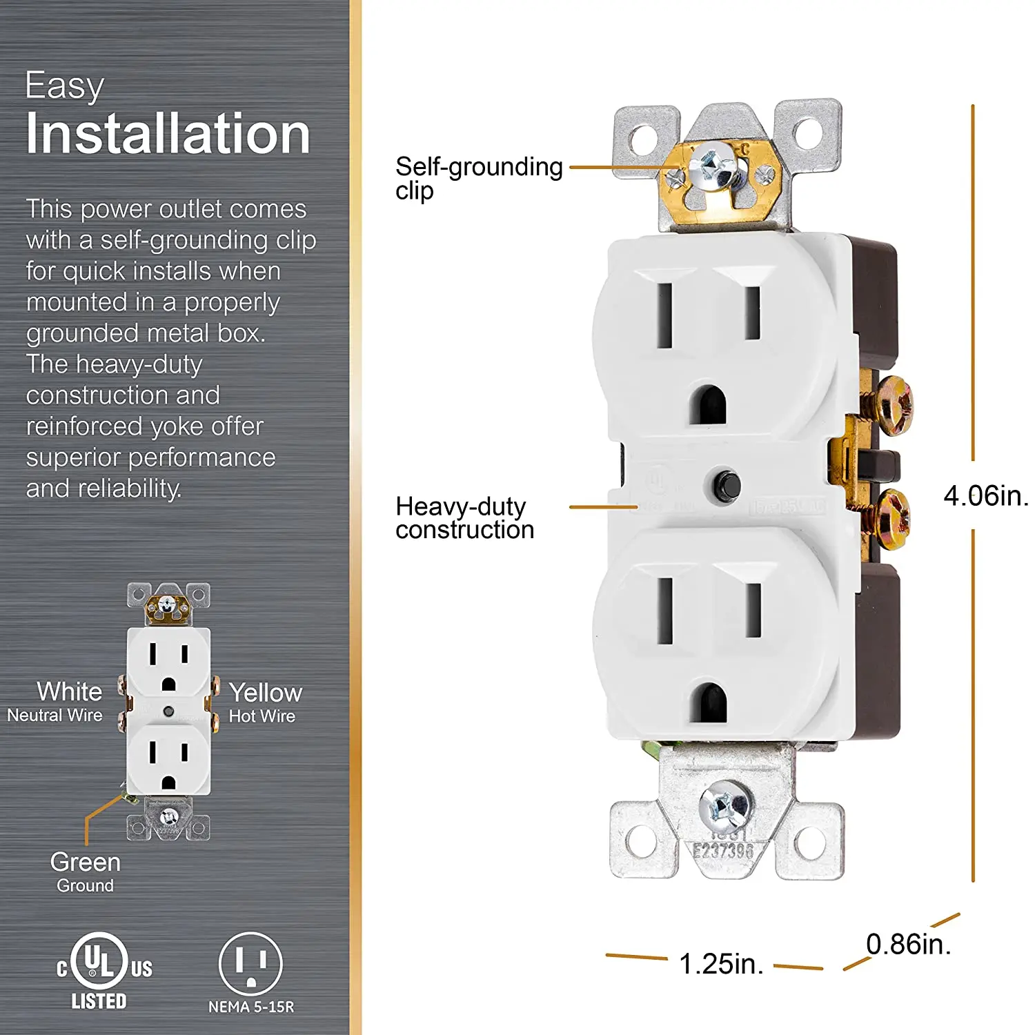 CUL Listed 15A 125V Electric Wall Socket - Heavy-Duty Receptacle