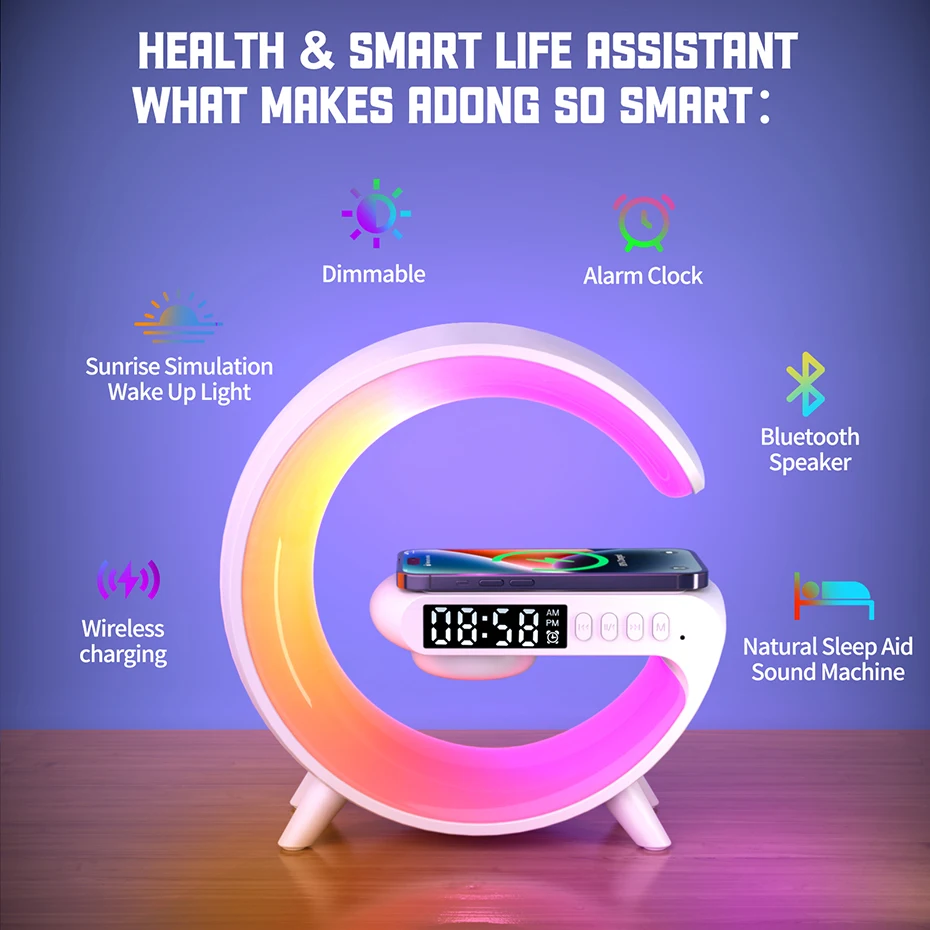 Qi 15w G Shaped Wireless Charger Led Lamp With Bt Speaker Alarm Clock ...