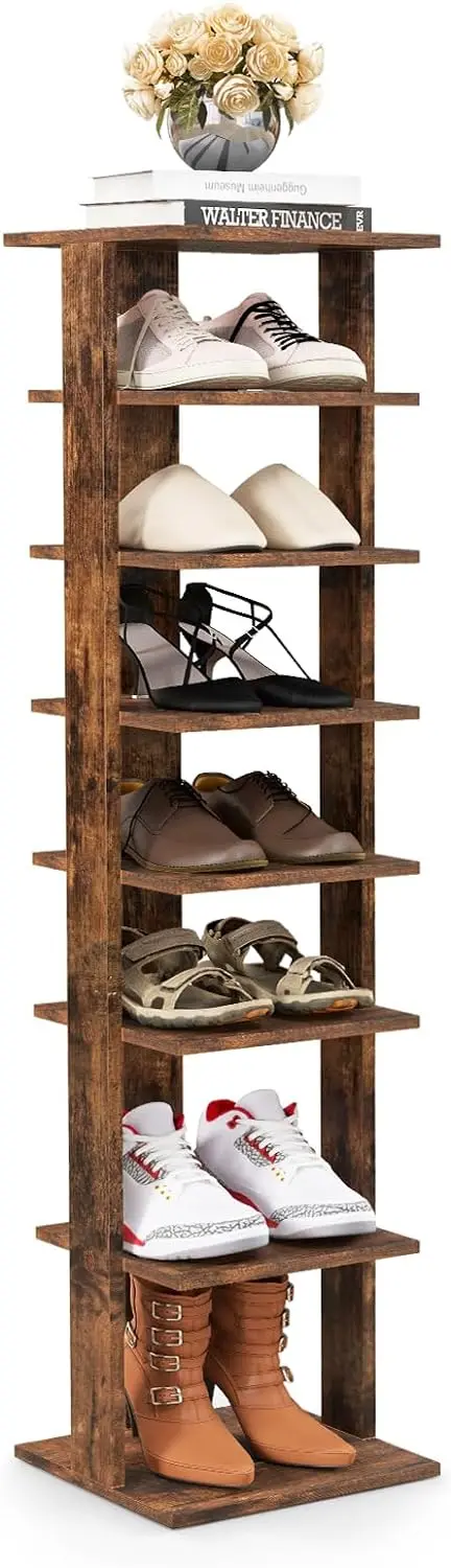 7 Tiers Vertical Shoe Rack Patented Entryway Narrow Slim Wooden Shoes ...