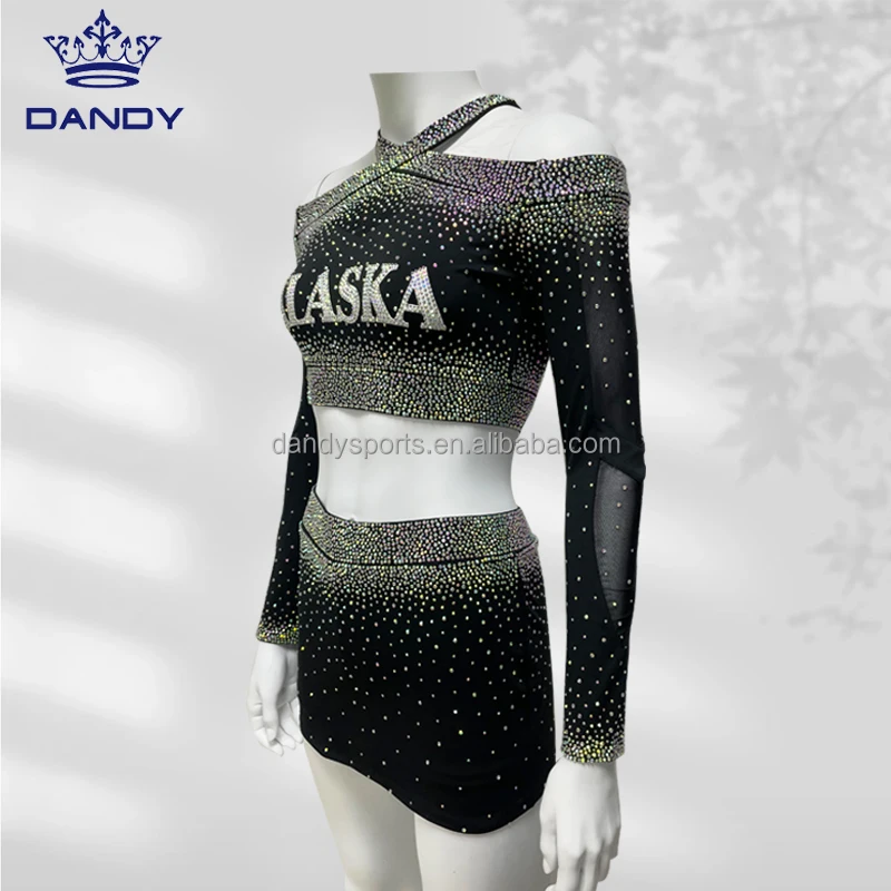 Custom Dancing Uniform Black Cheering Apparel Long Sleeve Rhinestone Cheerleading Uniforms Cheer ...