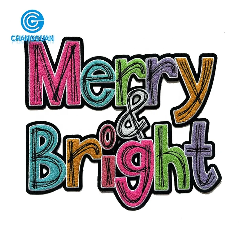 Wholesale Merry and Bright Chenille Patch Logo Embroidery Large Red Iron on Chenille Letter ...