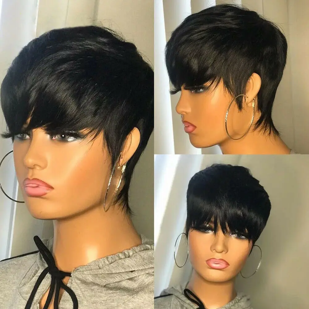 Ombre Short Bob Pixie Cut Wig Straight Human Hair Wigs T Part ...