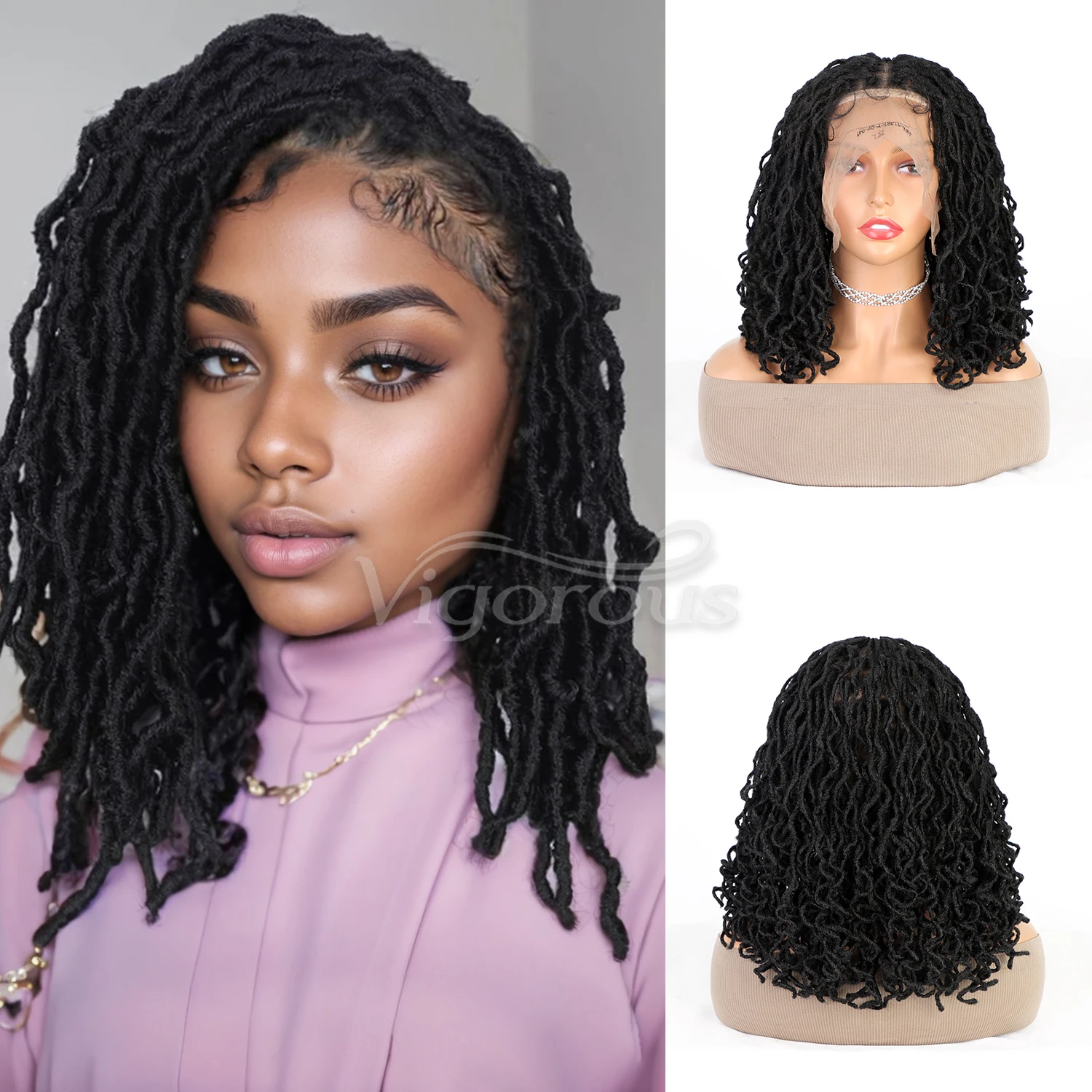 Black Knotless Nu Locs Braids Dreadlock Wig With Full Lace Short Twist ...