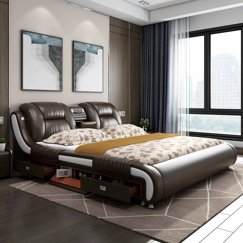 Modern Luxury Genuine Leather Bed Hot Sale High End Multifunctional ...