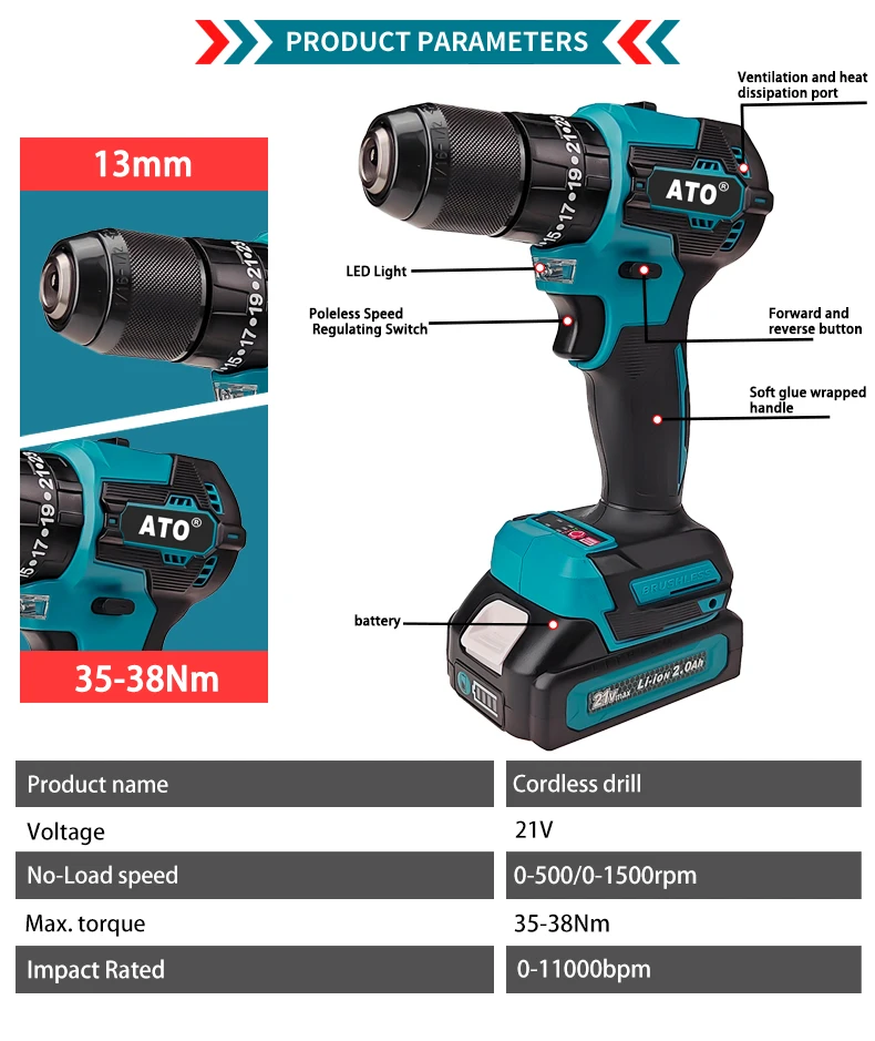 Ato A8024 Portable Outdoor Tools Multifunctional Cordless Drill Power