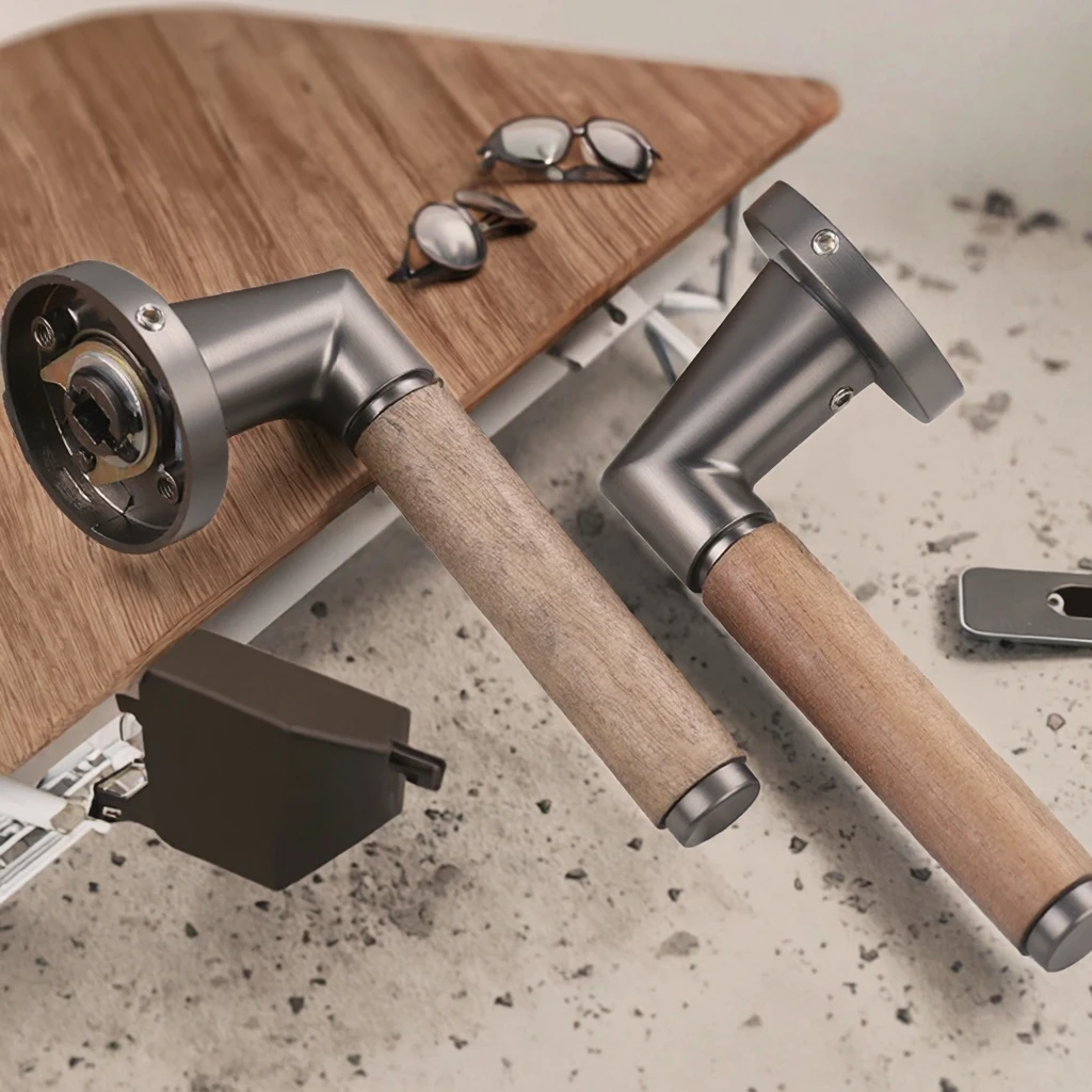 Walnut Minimalist Cylinder Lock Set with Dummy & Split Handle for ...