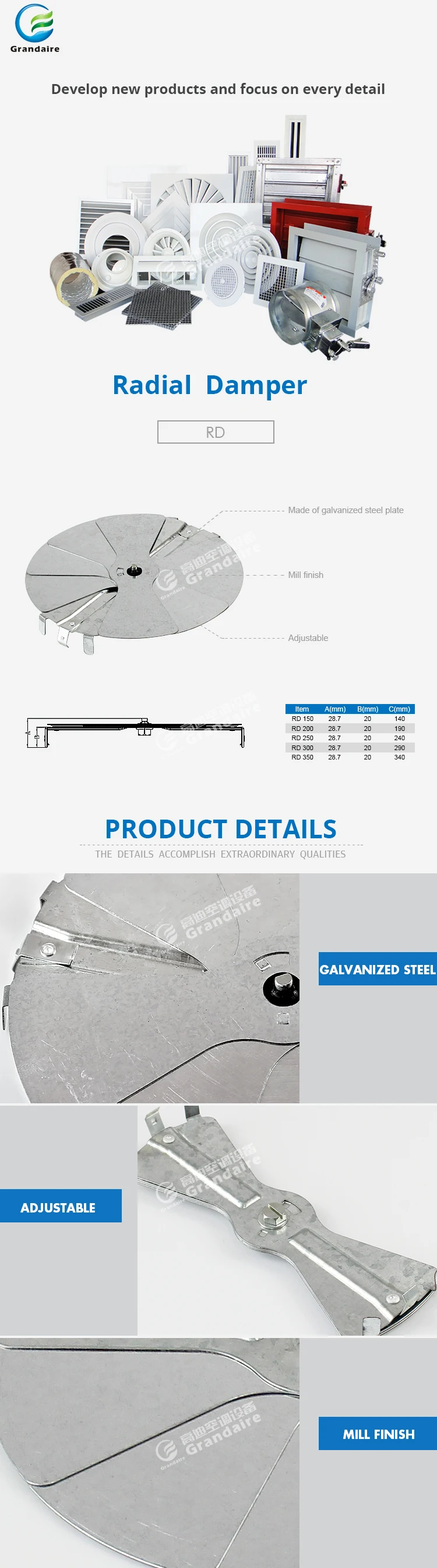 Air Conditioning Galvanised Steel Adjustable Metal Radial Damper for ...
