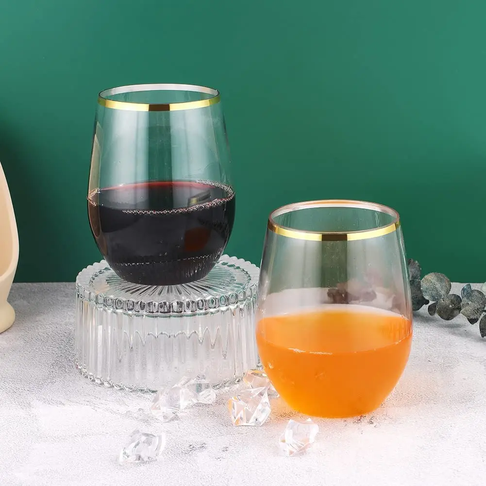 12oz Gold Rose Rim Diamond Shaped Plastic Wine Glasses