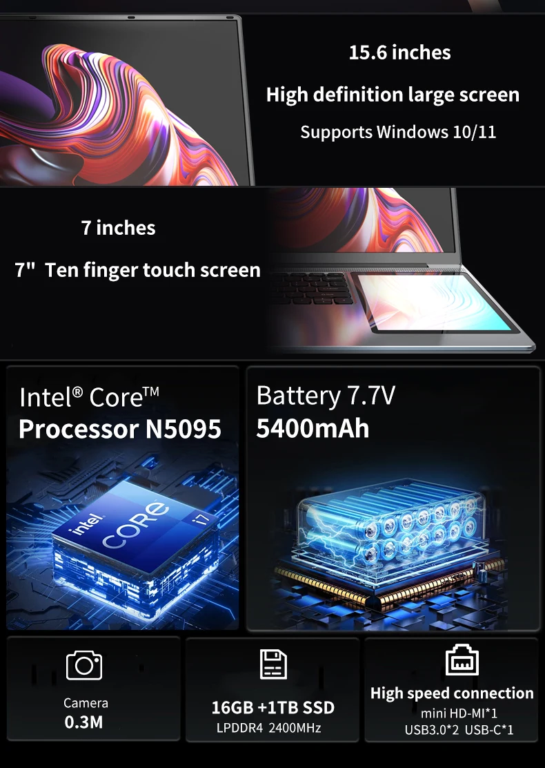 Dual Screen Laptop 15.6 Inch + 7 Inch Screen Intel N5095 Processor ...