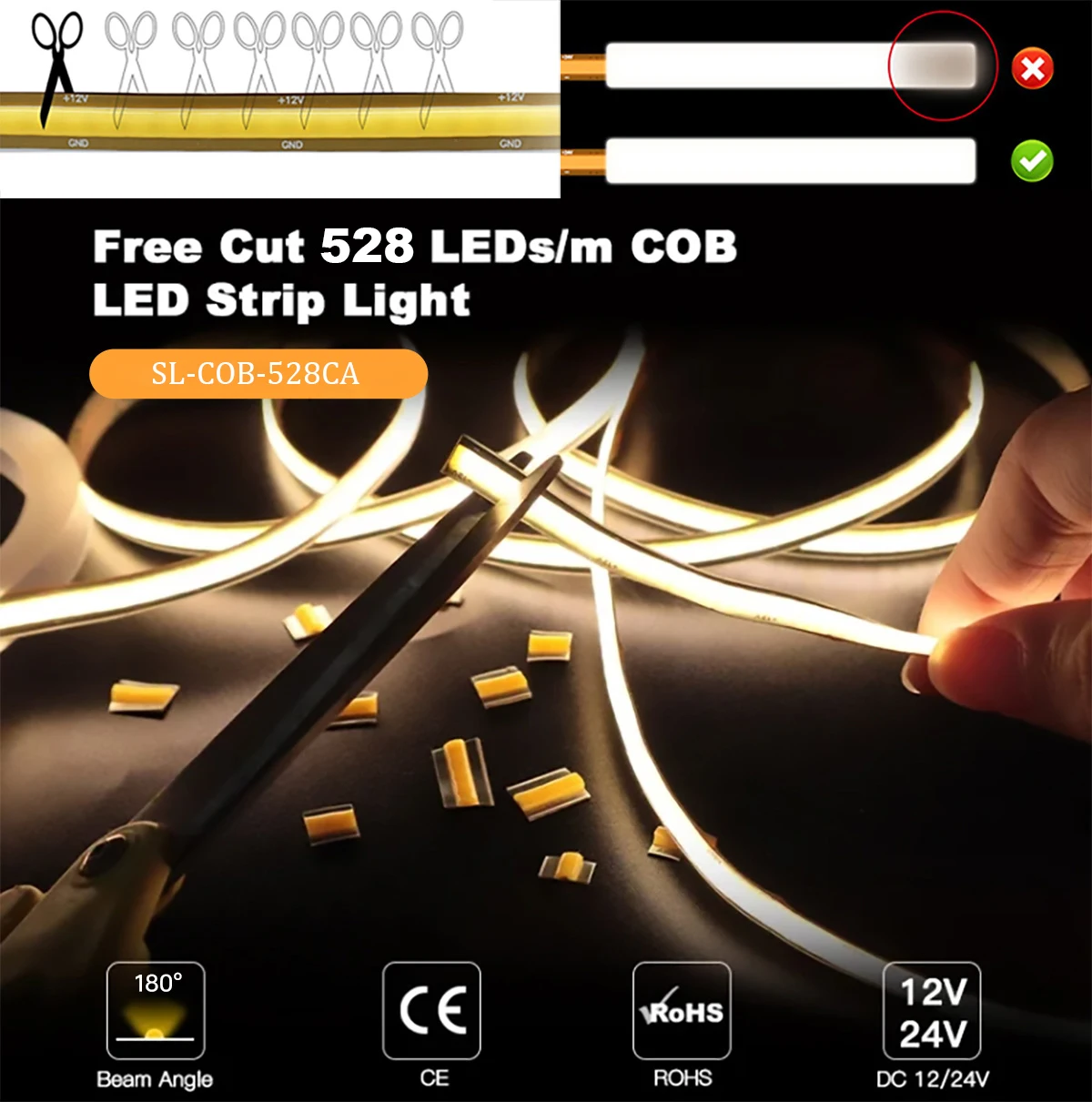 24v 12v Free Cut Cob Led Strip Light - 528chips/m Flexibility