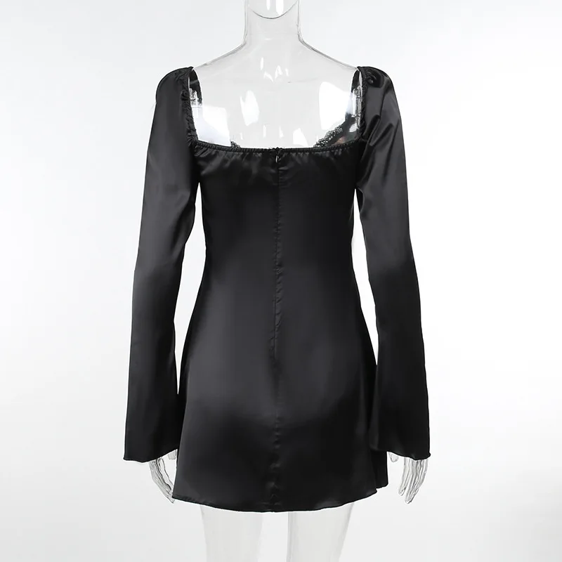 Sexy Lace Black Mixi Dress Women Summer Long Sleeve Patchwork Bodycon