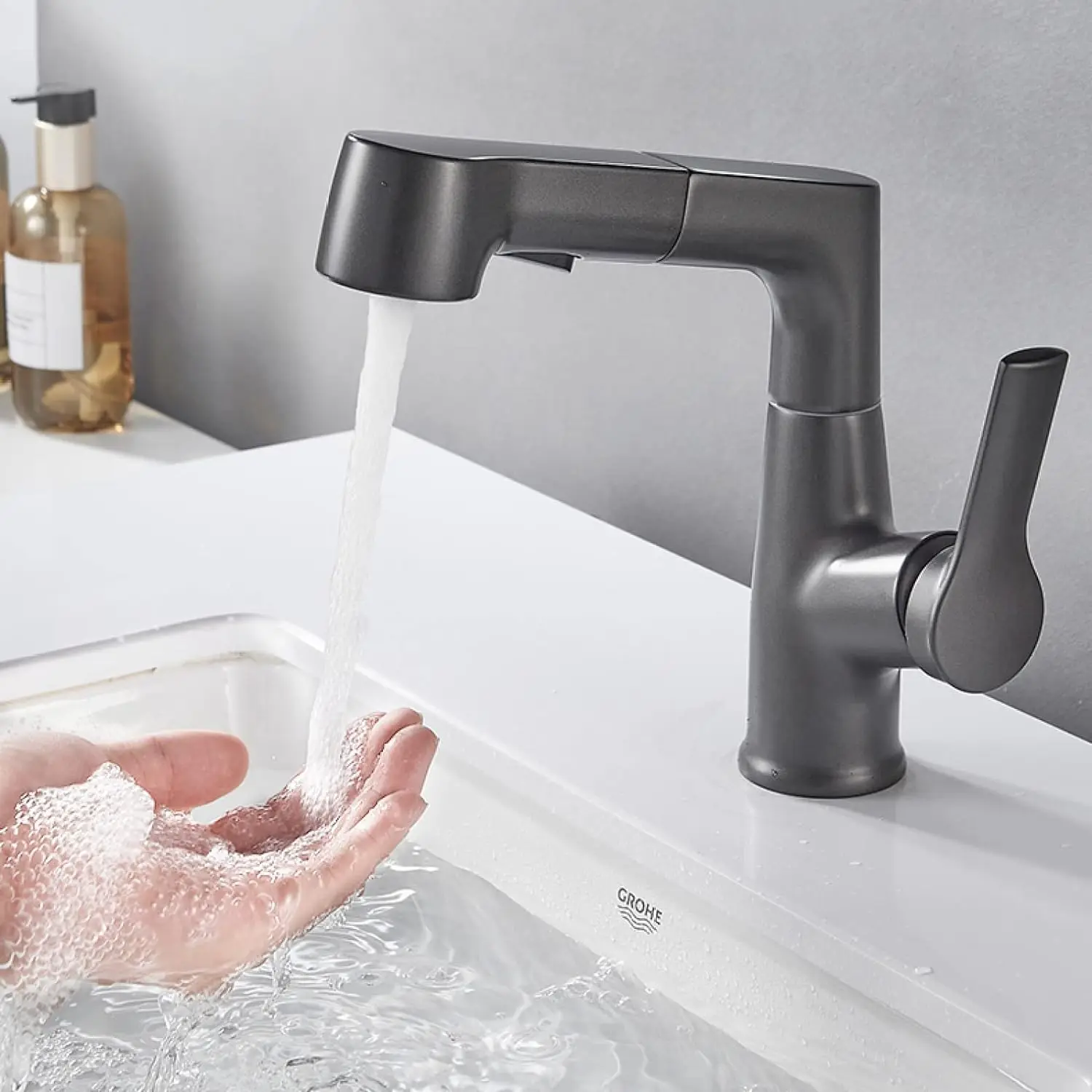 Hotel Gun Grey Single Handle Pull-out Basin Faucet With Hot And Cold ...