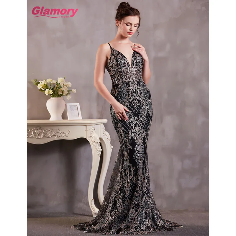 Sexy Suspenders Dress Fishtail Sequin Lace Evening Dresses Backless ...