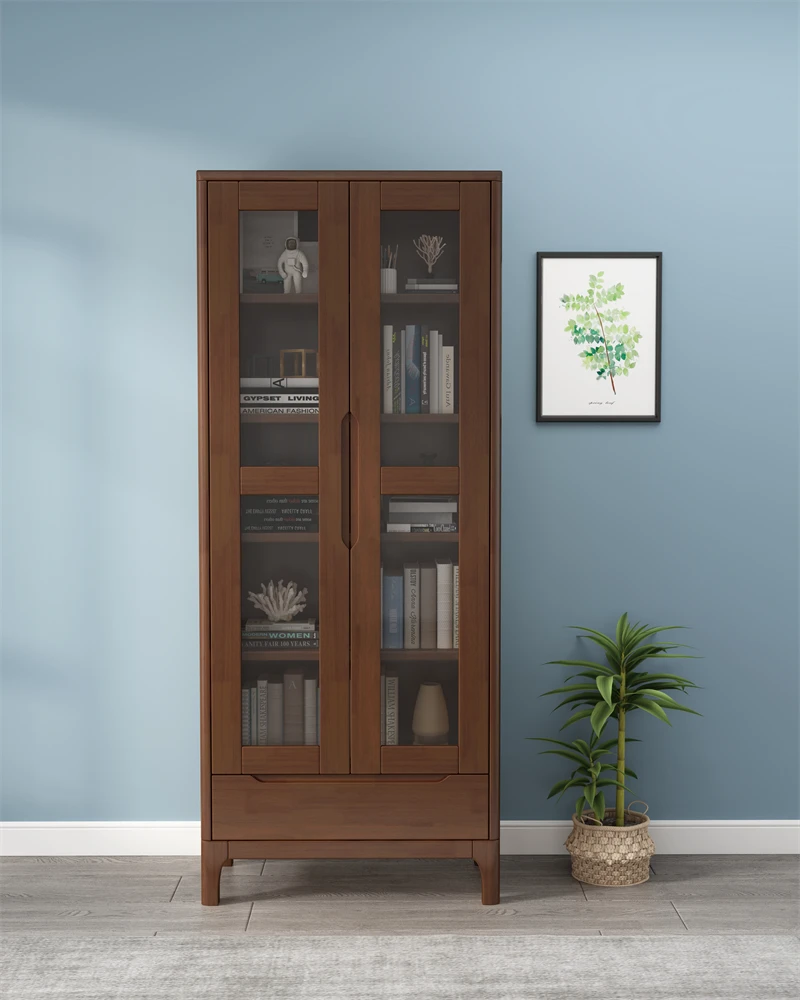Nordic Solid Wood Oak Bookcase With Toughened Glass With Door To ...
