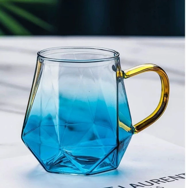 Gradient Blue Glass Coffee Cups Diamond Shaped Glass Mug High ...