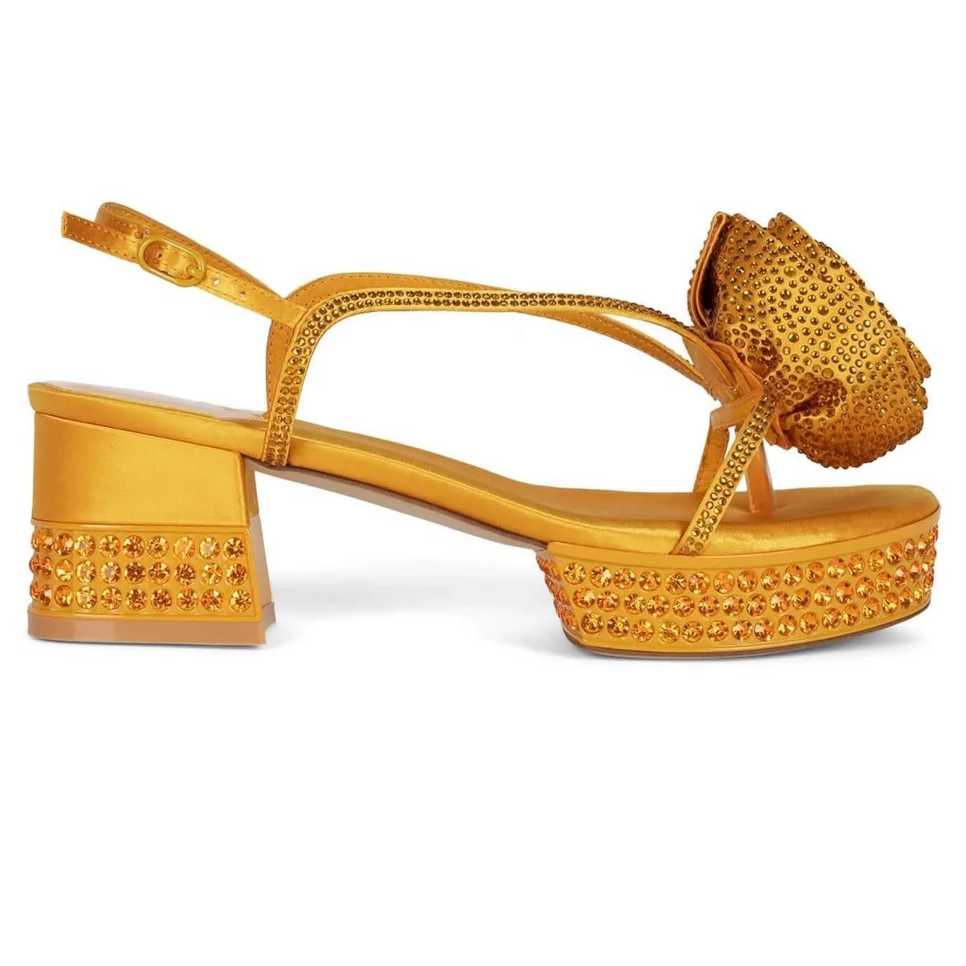 Anmairon Trendy Yellow Satin Square Toe Platform Block Heel Wedge ...
