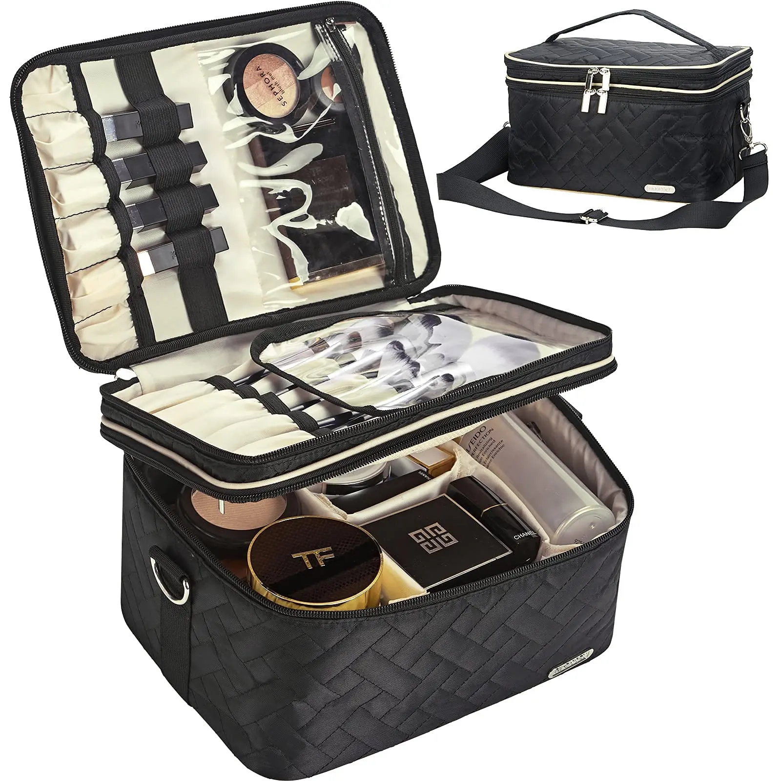 Black Cosmetic Bag Makeup Organizer Corduroy Make-up Travel Storage Box ...