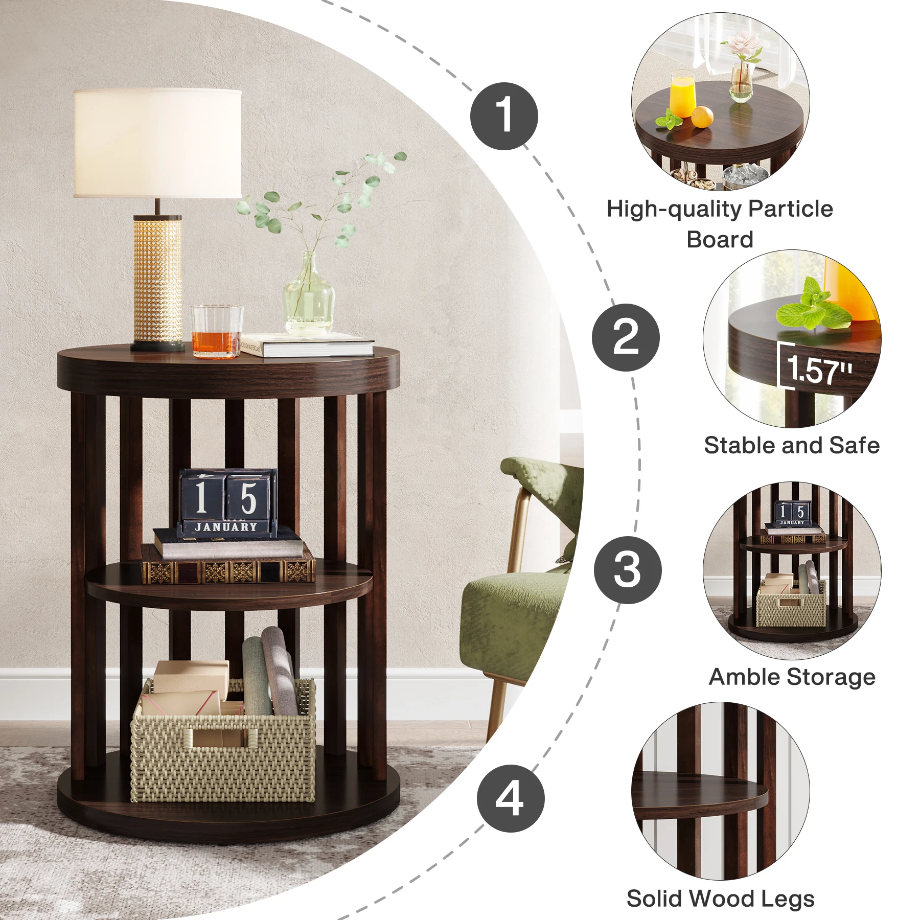 Tribesigns Modern Accent 19 Inch Walnut Brown Round End Table With 3 ...