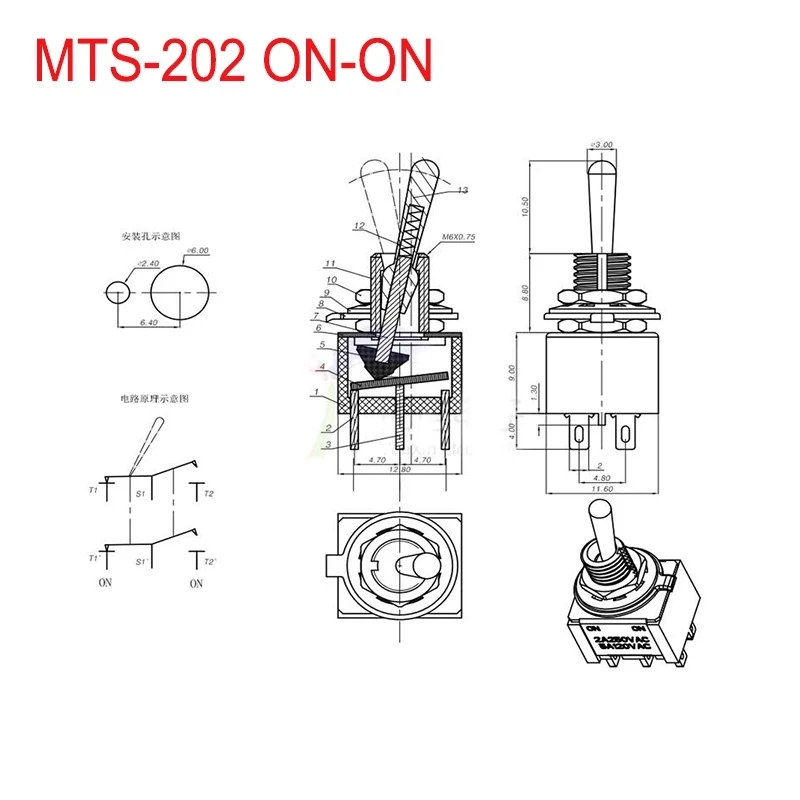 10pcslot Mini Mts-202 6pin Spdt On-on Six Feet Two Gears 6a 125vac Blue ...