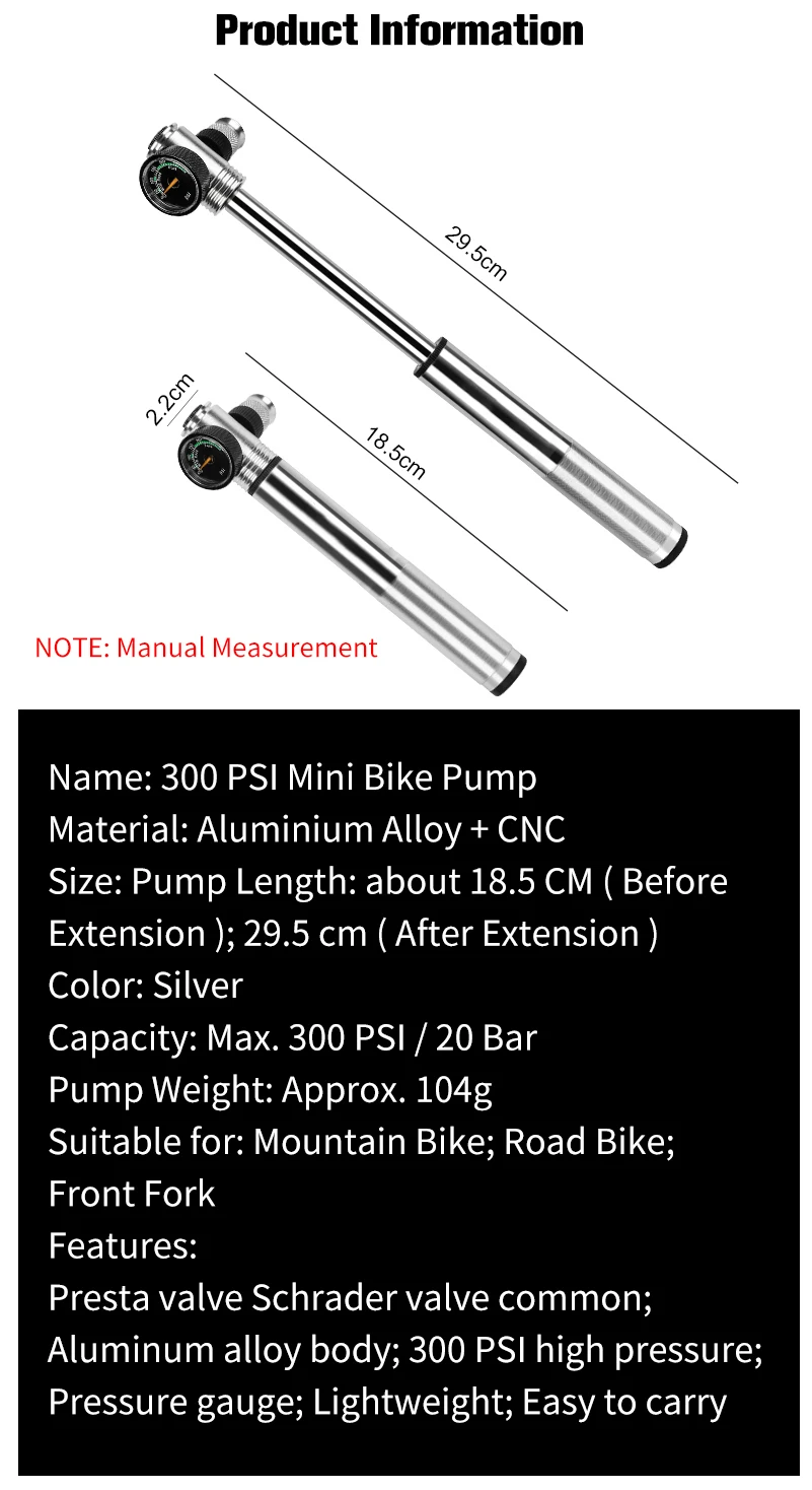 Double Action 300psi Mini Aluminum Bicycle Air Pump With Pressure Gauge ...