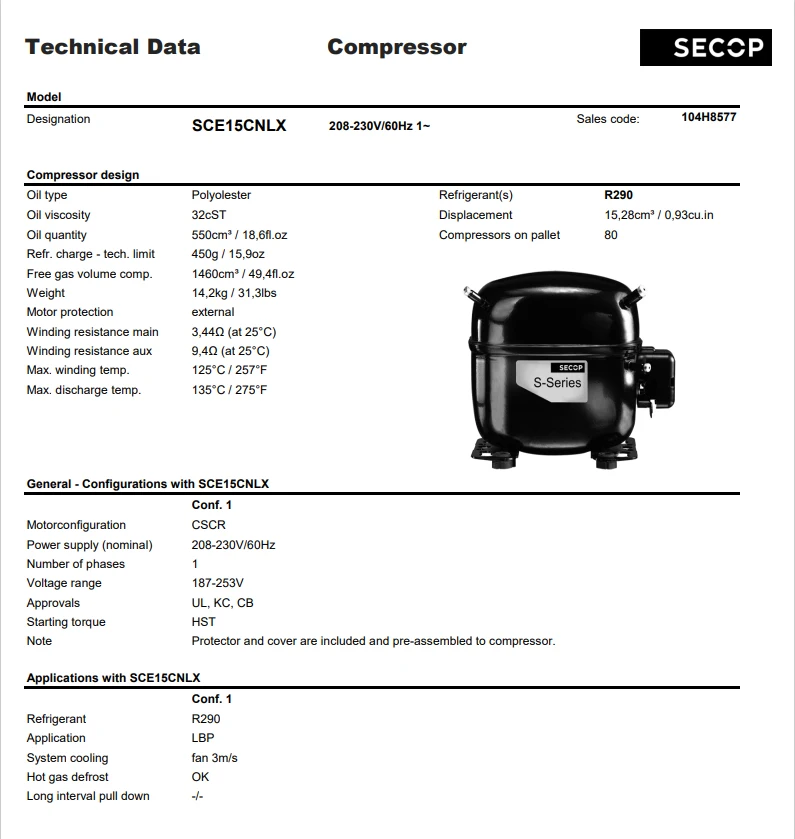 Refrigeration Helmetic Scroll Compressor Sce15cnlx Refrigerants R290 ...