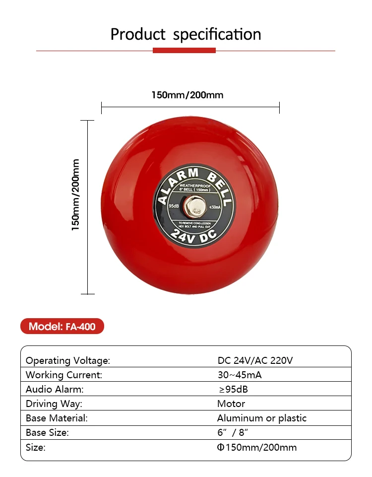 24V Fire Alarm Siren - 6 Inch Plastic Base Alarm Bell