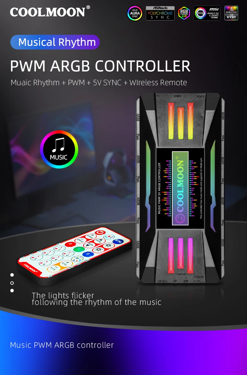 Coolmoon Gaming Computer Pc Argb Sync Music Controller Wireless Remote ...