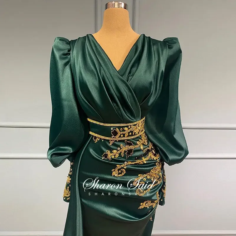 Luxury High Quality Green Moderate Long Sleeve Satin Evening Dress For ...