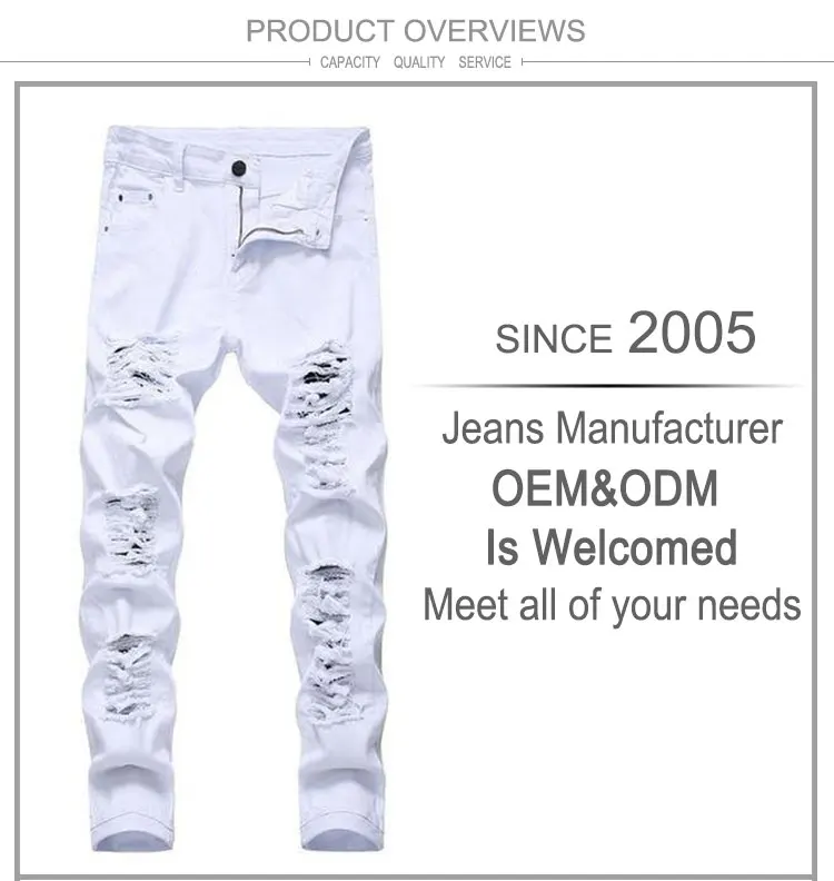 Men's Ripped Torn Scratched Denim Jeans Slim Straight White Cotton ...