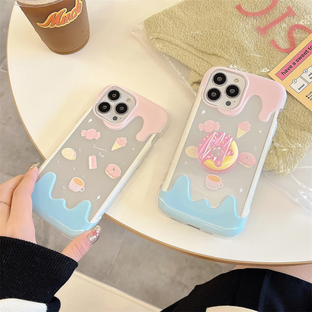 Cute 3D Donut Holder Stand Melted Ice Cream Soft Phone Case