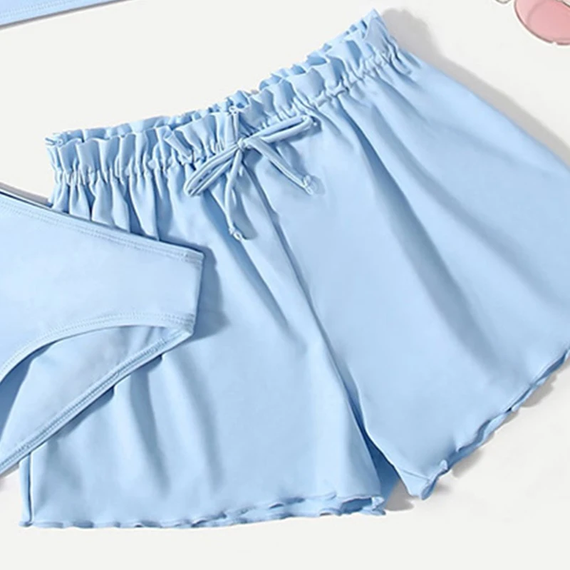 2024 Kids Bikini Swimsuit Solid Color Tube Top Panty Shorts Three-piece ...