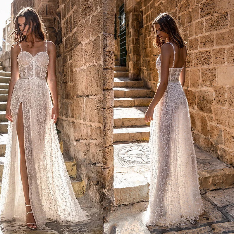 Sequin Sexy Transparent Wedding Dresses Lace Long Bridal Gown Glitter ...