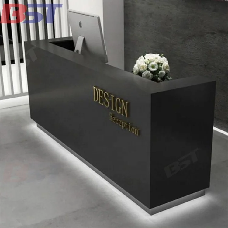 Custom Modern Front Desk Led Light Black Reception Desk Design Small ...