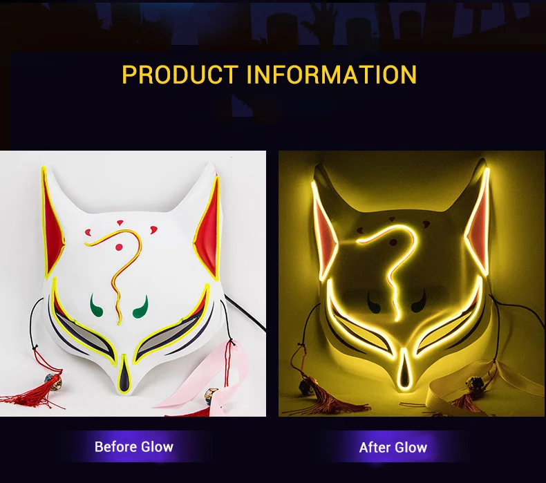Flashing Neon Mask Masquerade Led Light Party Pvc Japanese Fox Mask ...