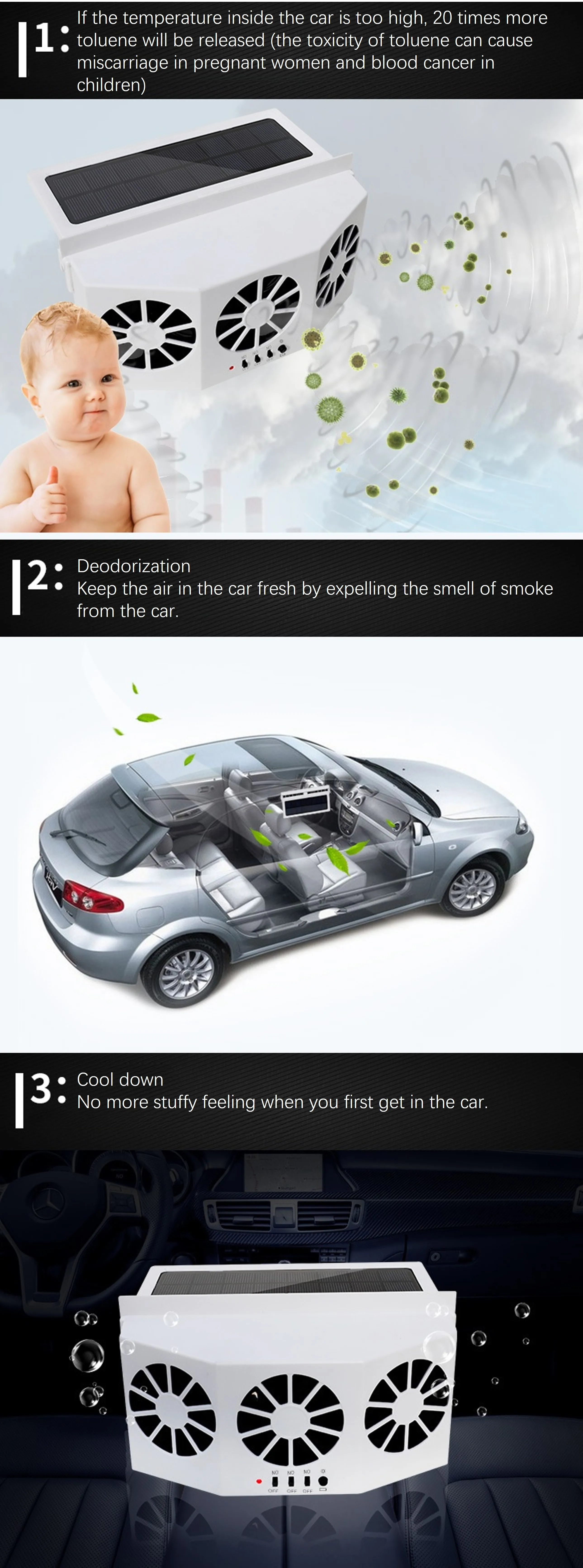 Car Cooling System Solar Panel Car Window Cooler 3 Three Fan Auto Solar ...