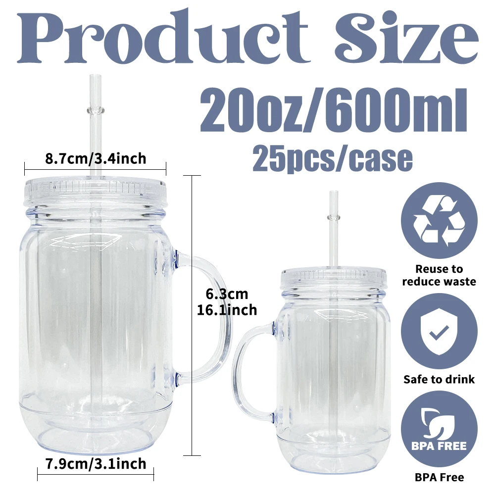 20oz Double Wall Acrylic Plastic Beer Mug Cups with Handle
