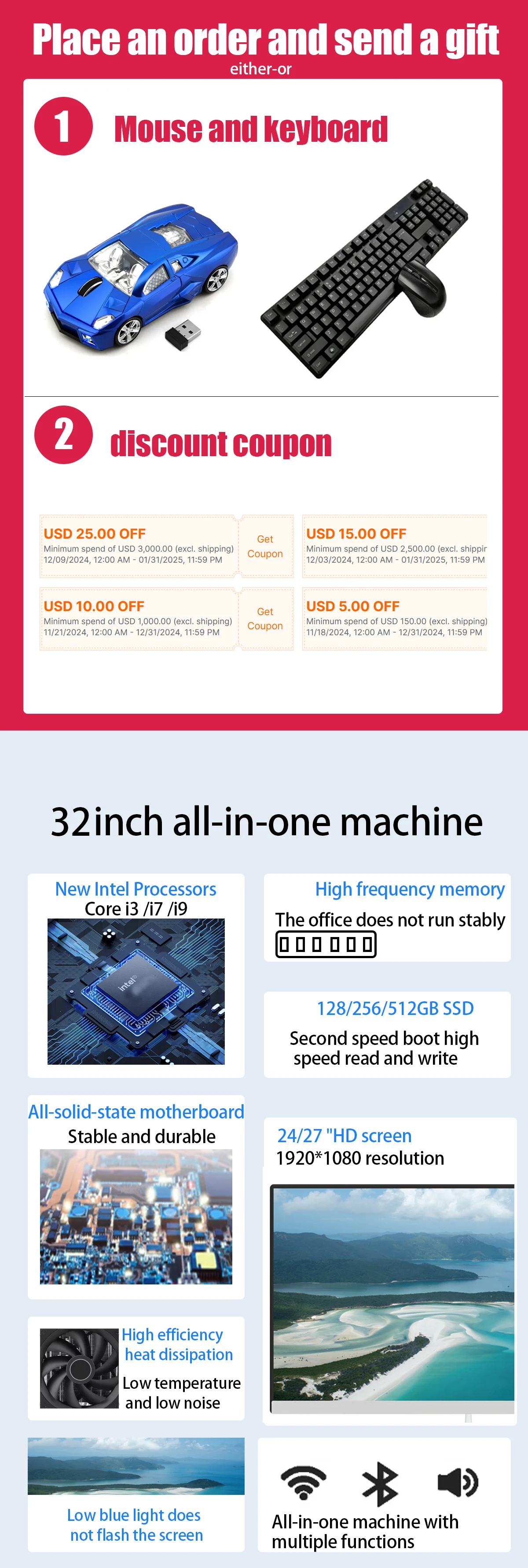Computer Monoblock I7 PC Desktop - 23.8 to 32 Inch Curved Screen